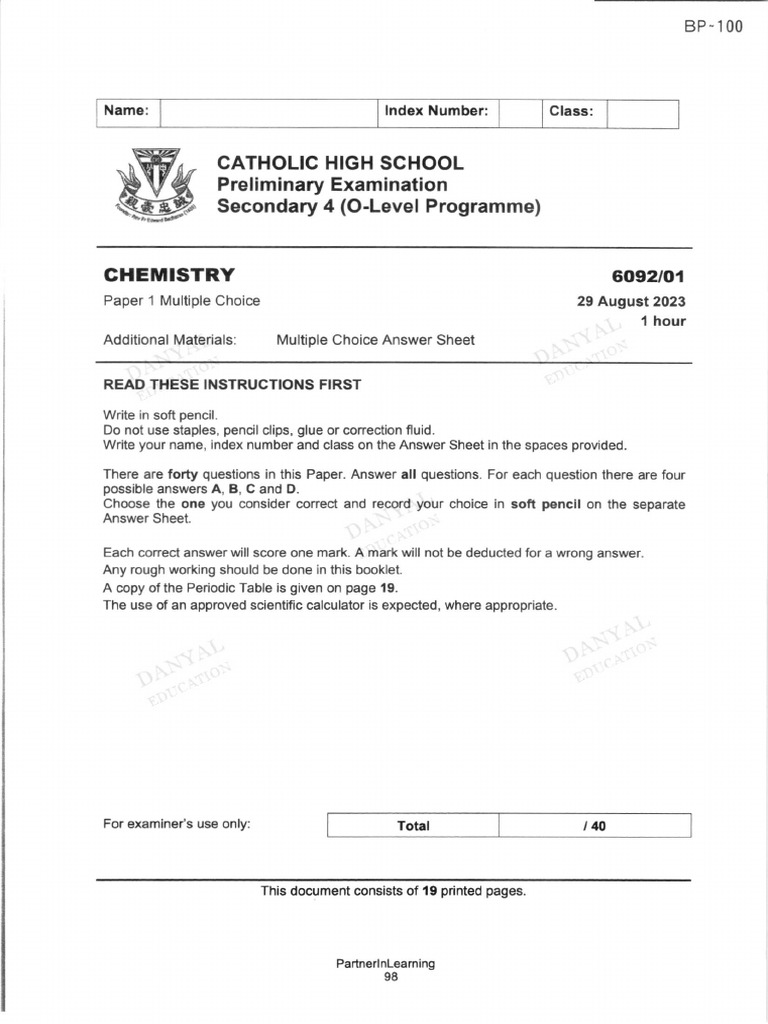 Chemistry O-Level Exam Paper 1 | PDF | Ion | Periodic Table
