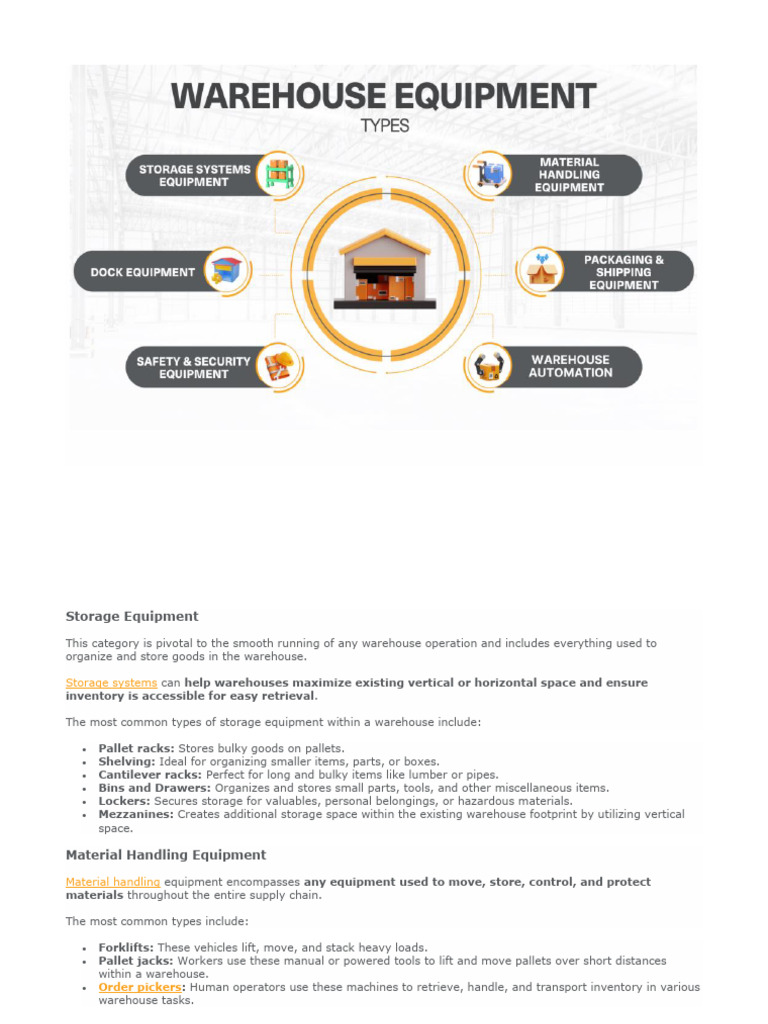 Warehouse Equipment Guide | PDF | Warehouse | Supply Chain Management