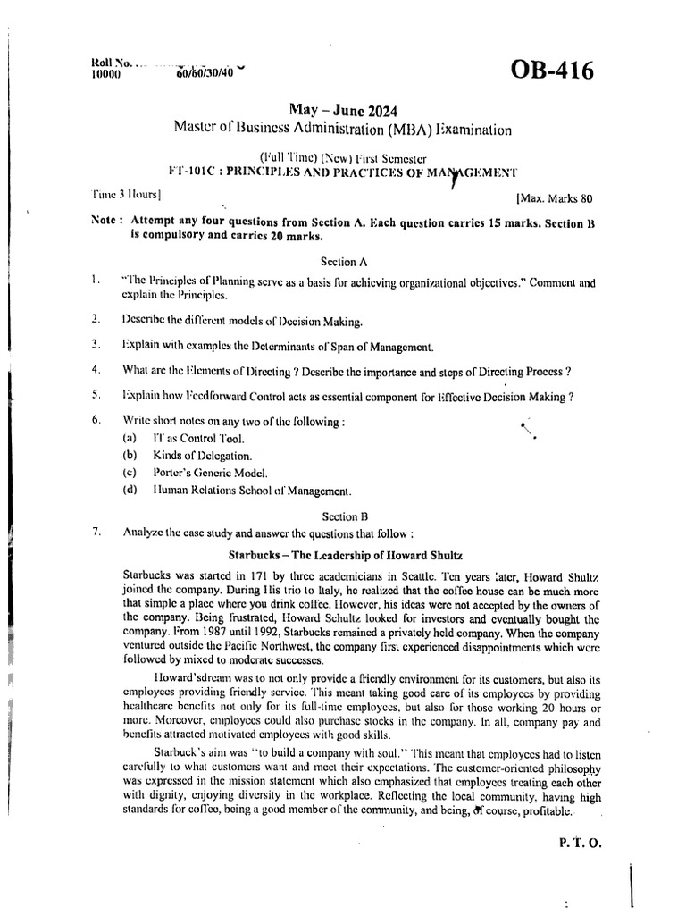 Mba 1 Sem Principles and Practices of Management Ob 416 Jun 2024 | PDF