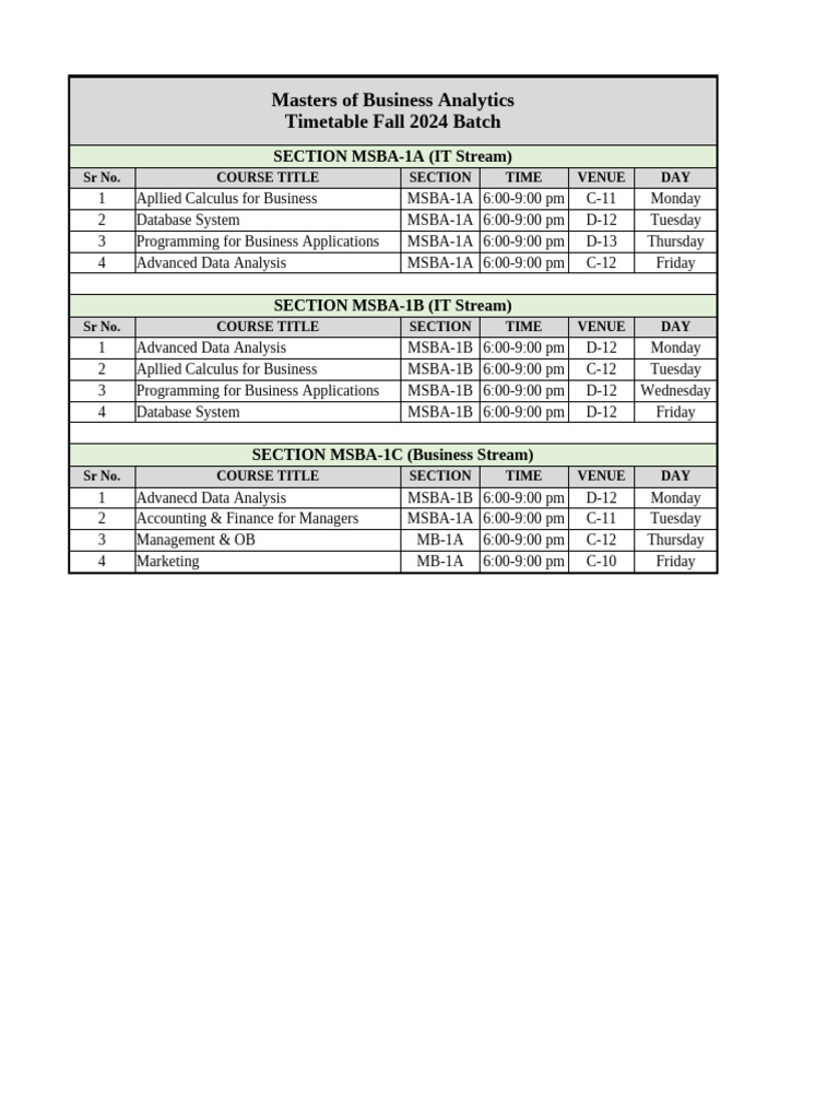 Fall 2024 Batch Timetable (MSBA) | PDF