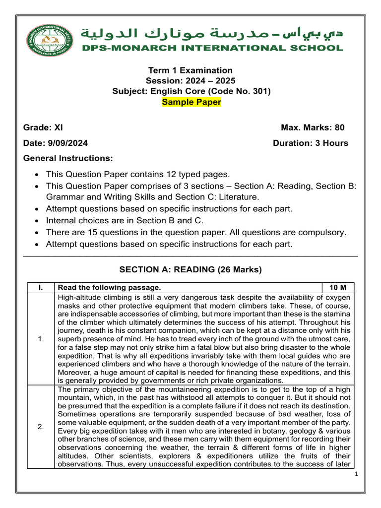 _Sample Term 1 Question Paper '24 -'25 | PDF | Mountaineering | Robot
