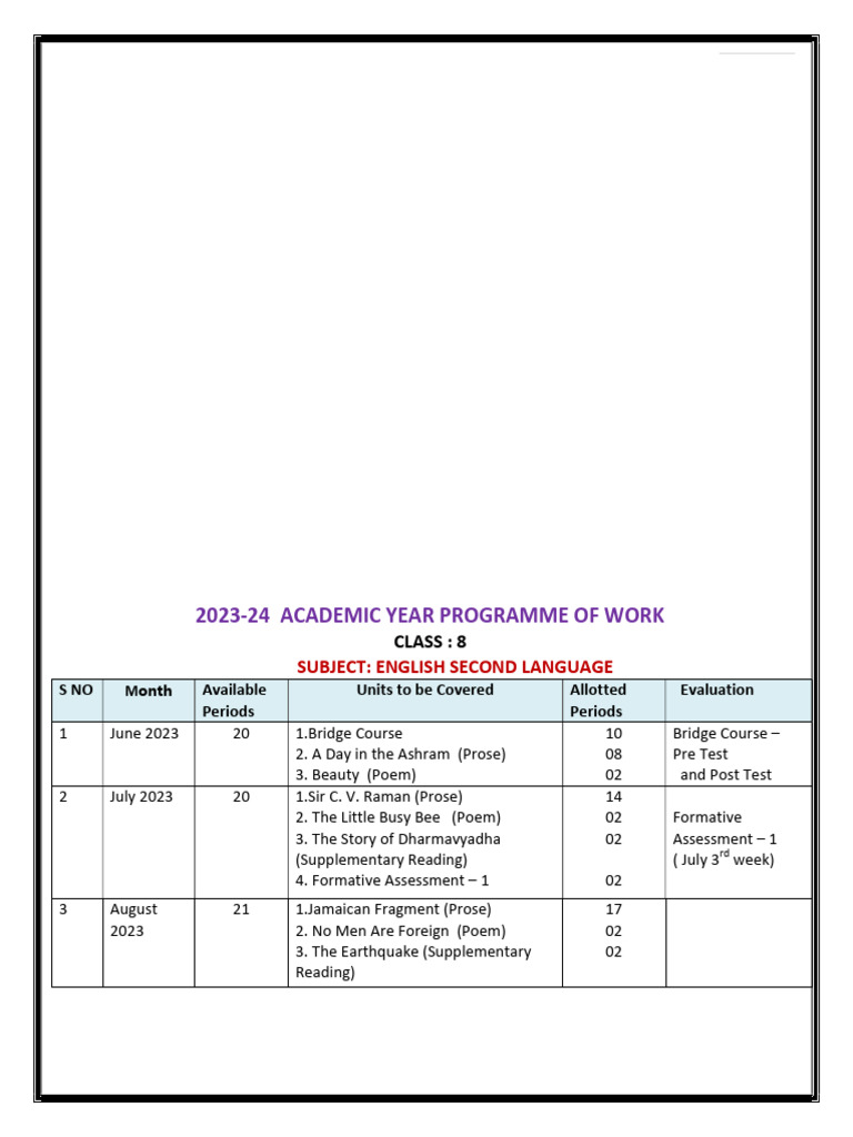 8th STD SL English Year Plan 2023-24 | PDF | Evaluation Methods ...