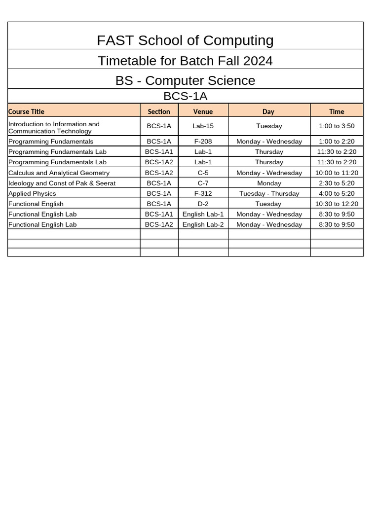Updated CS Timetable Batch 2024 | PDF | Calculus | Geometry