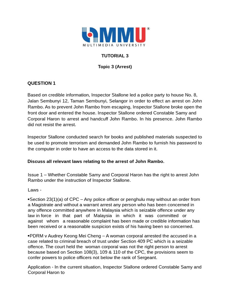 UCP6413 Tutorial 3 Week 4 | PDF | Arrest | Arrest Warrant