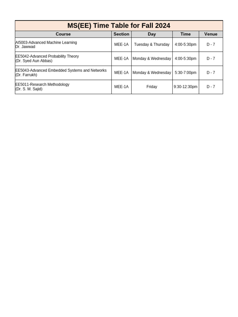 MS (EE) - 2024 Time Table (Fall 2024) | PDF