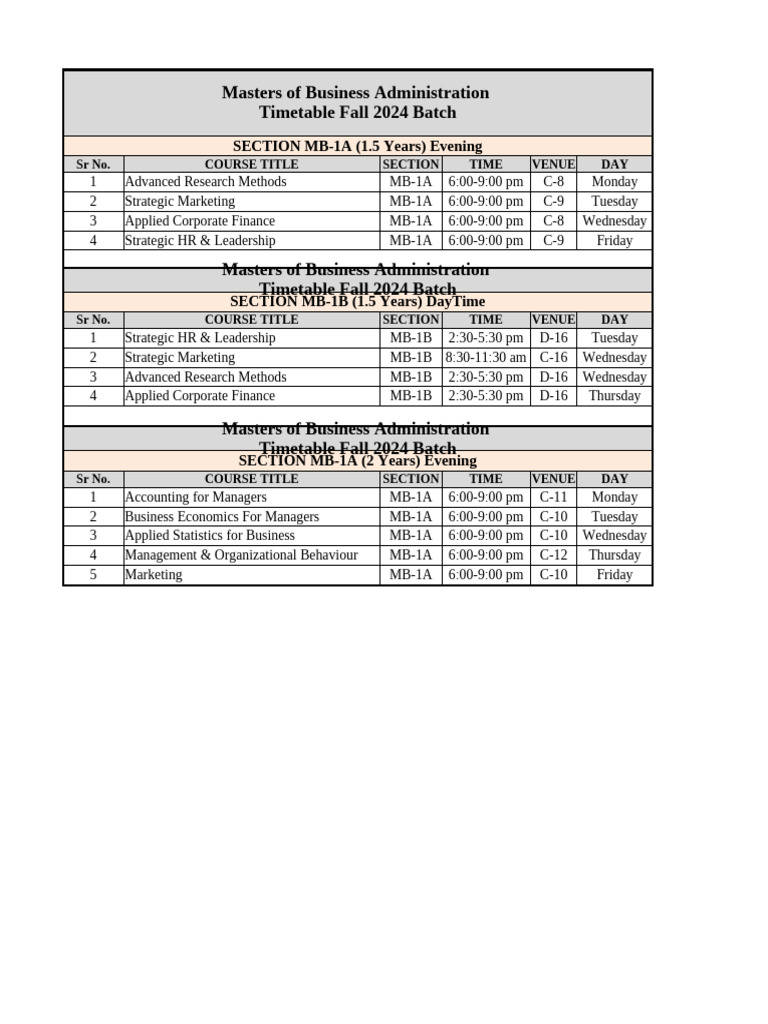 MBA-MSBA Fall 2024 Batch Timetable | PDF | Master Of Business Administration | Business