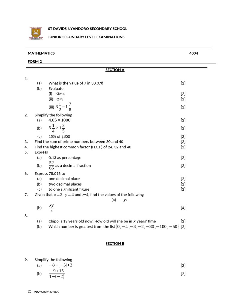 Form 2 End of Year Exam ST Davids | PDF | Area | Numbers