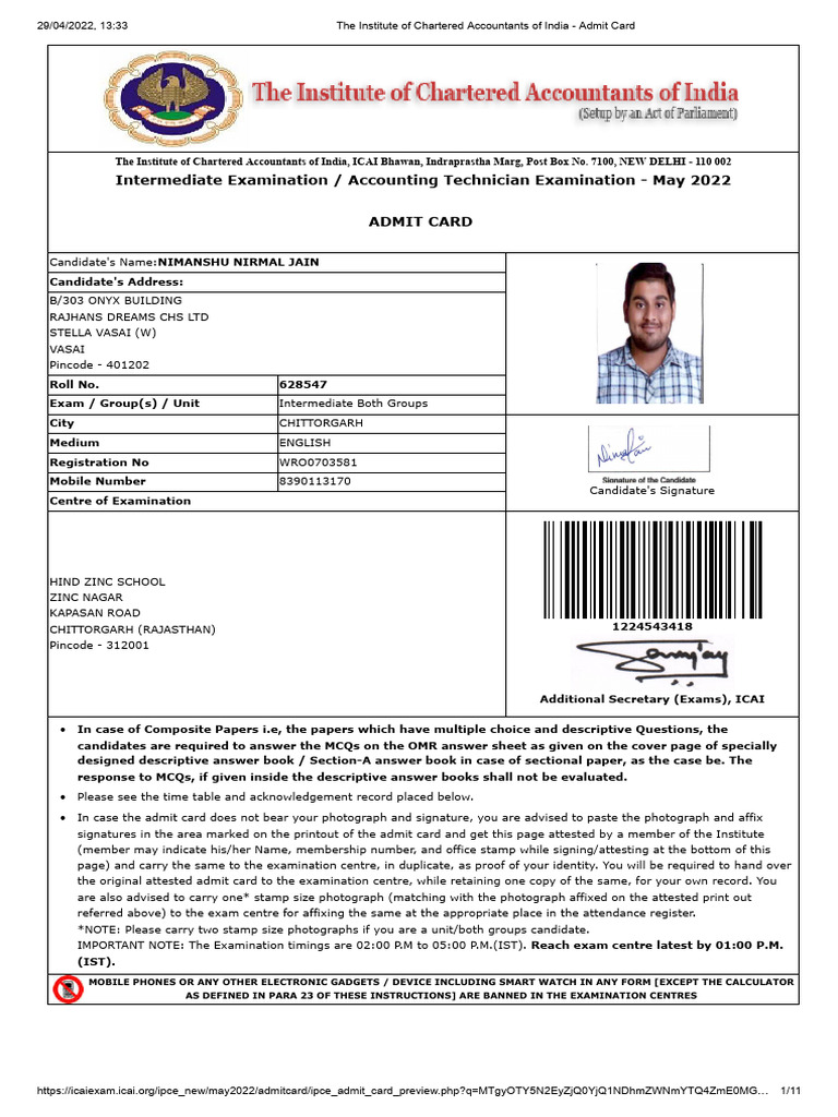 ICAI Admit Card Instructions | PDF | Multiple Choice | Books