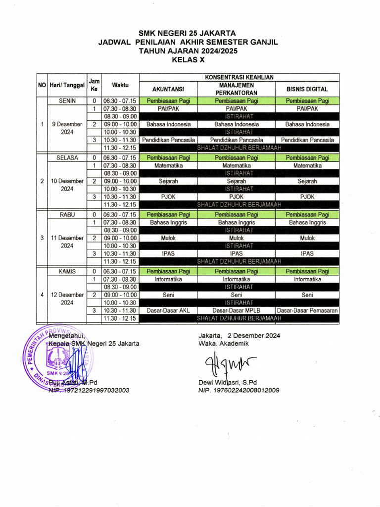 Jadwal Penilaian ASS SMKN 25 Jakarta TA. 2024-2025 | PDF