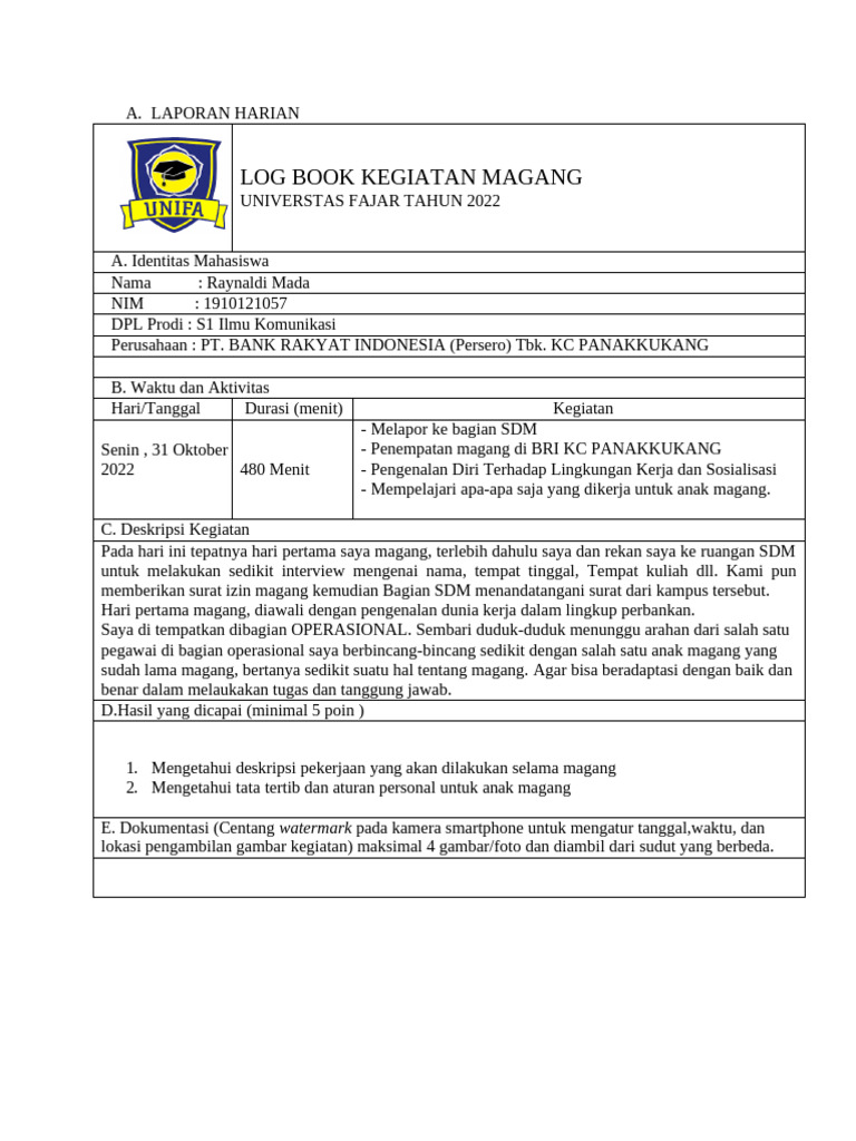 LOG BOOK KEGIATAN MAGANG (Minggu Pertama) | PDF