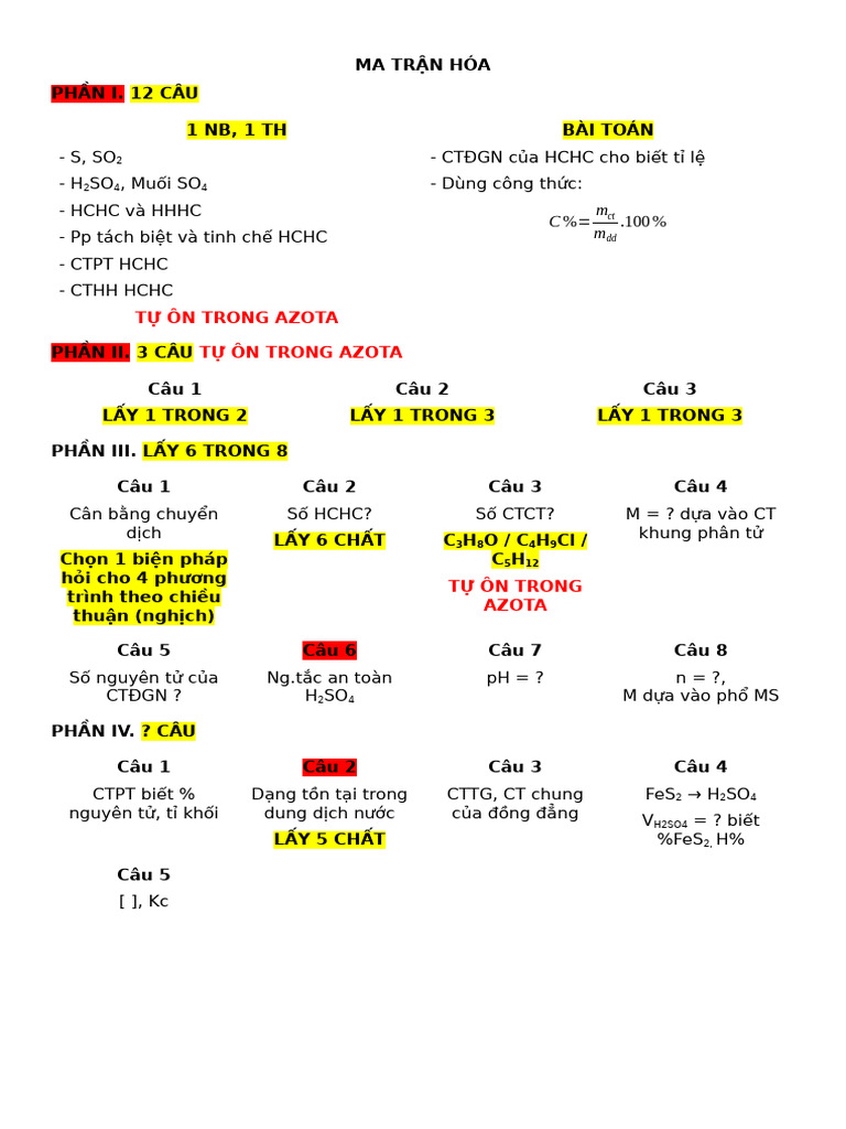 Ma Trận Hóa HK1 | PDF