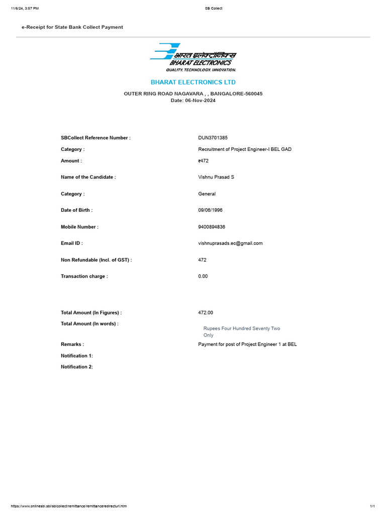 BEL Project Engineer Payment Receipt | PDF