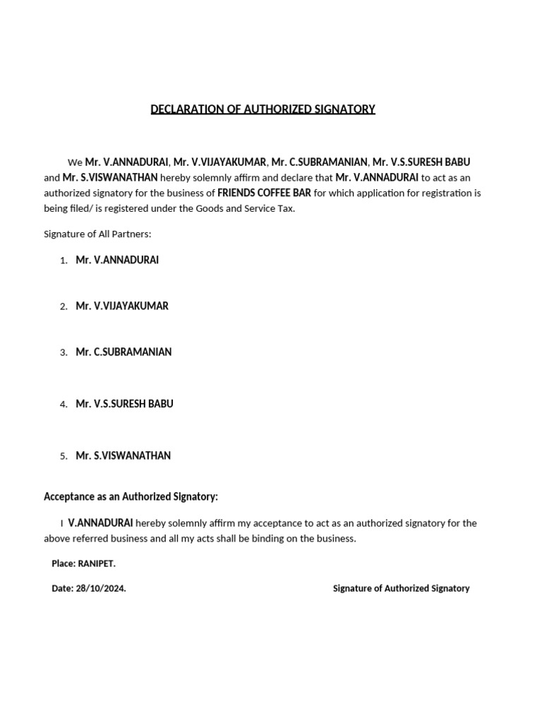 Declaration of Authorized Signatory | PDF