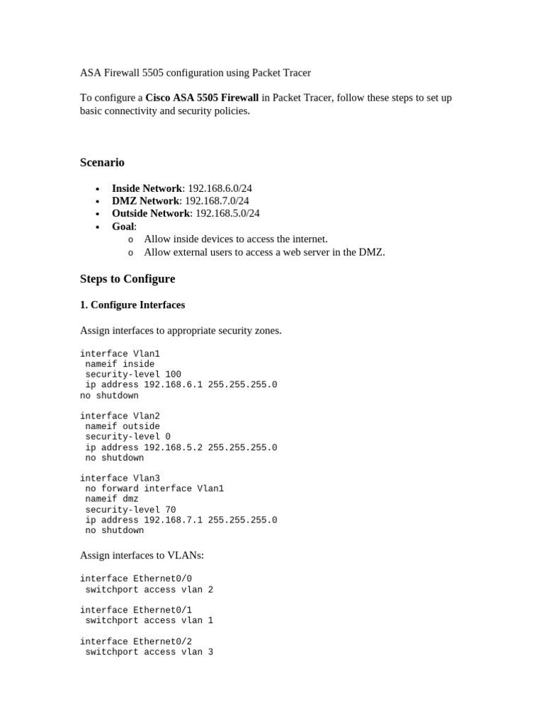 ASA Firewall 5505 Configuration Using Packet Tracer | PDF | Ip Address | Network Protocols