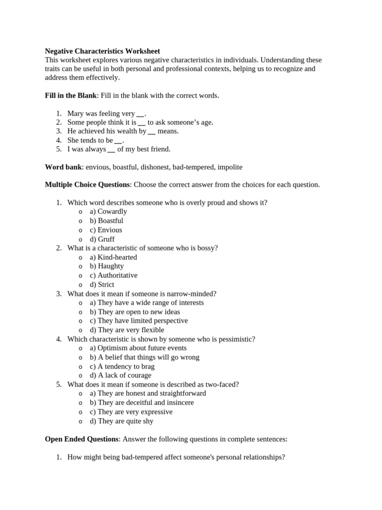 Negative Characteristics Worksheet-EXERCISE | PDF