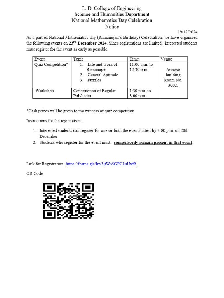 National Mathematics Day Celebration Notice | PDF
