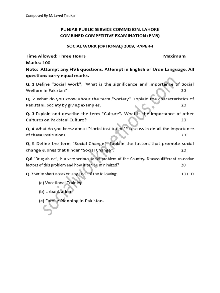 PMS Social Work Past Papers | PDF | Pakistan | Social Work