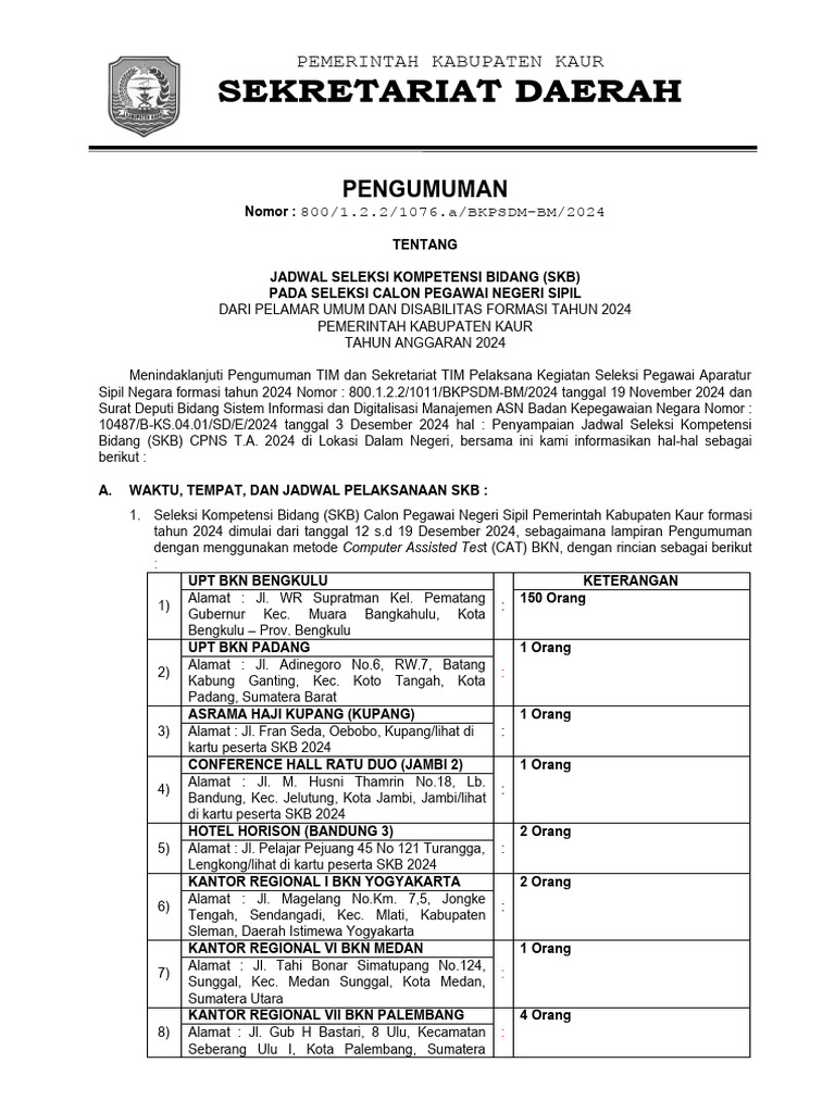 Pengumuman Jadwal SKB CPNS Formasi Tahun 2024... | PDF