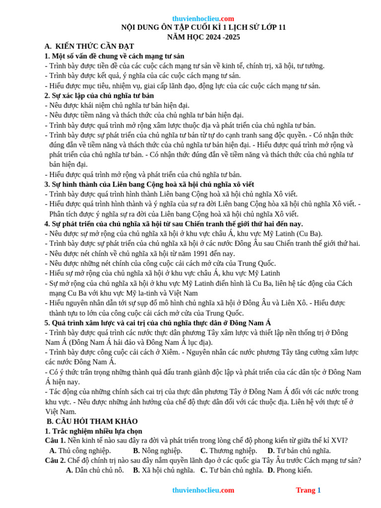 Thuvienhoclieu.com Noi Dung on Tap HK1 Lich Su 11 Canh Dieu 24 25 | PDF
