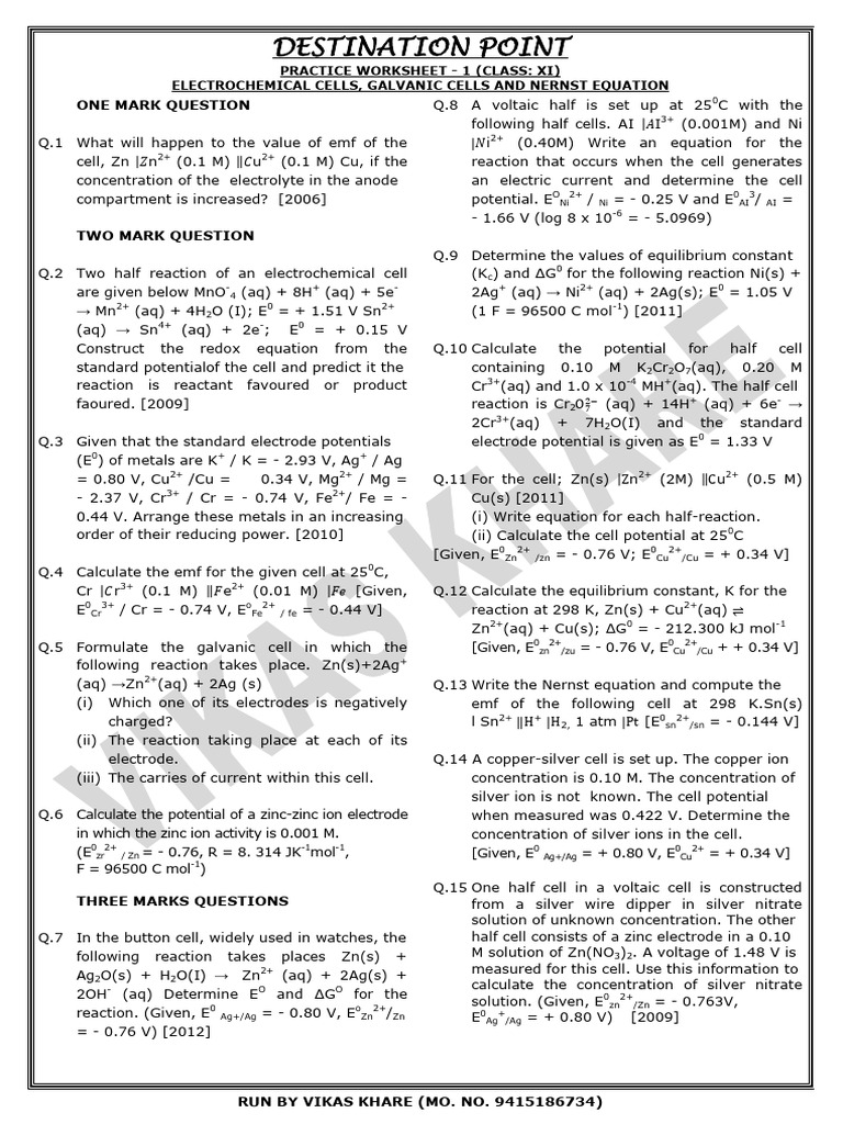 (Final) Electrochemical Cells, Galvanic Cells and Nernst Equation | PDF ...