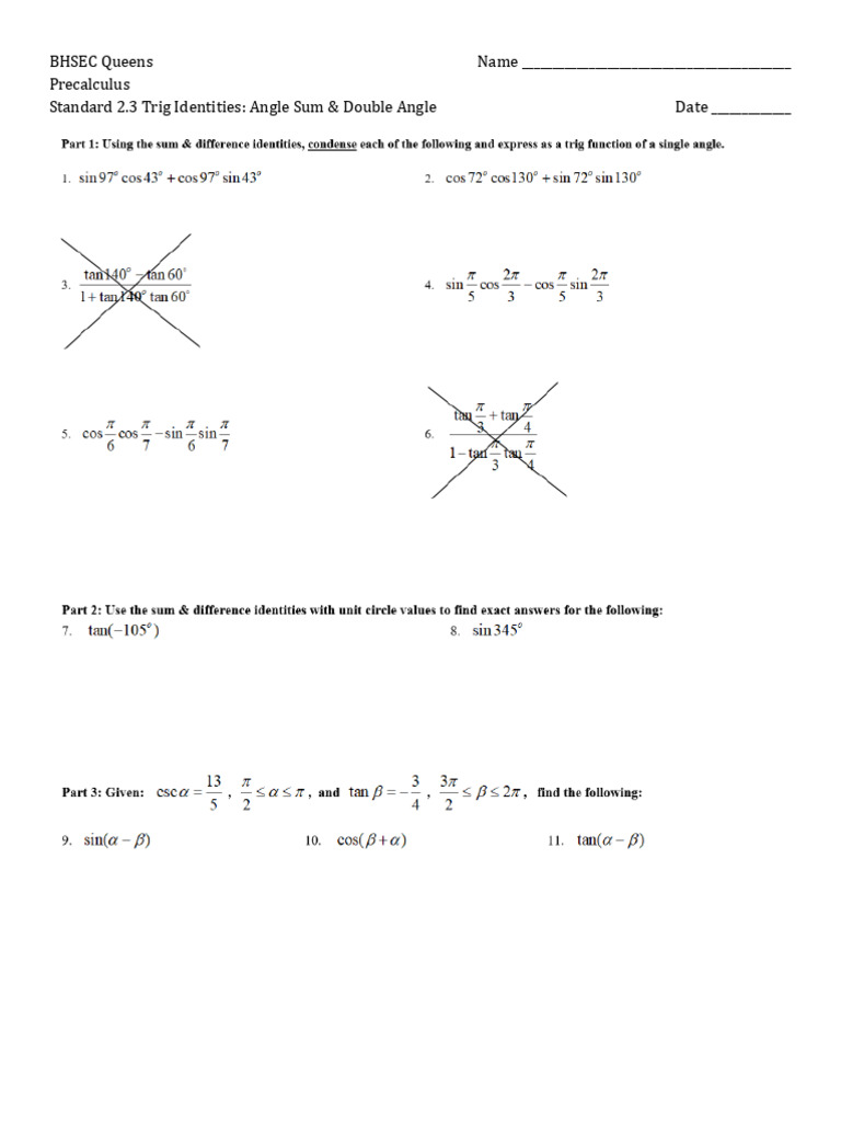 2.3C Trig Identities - Angle Sum - Double Angle Practice | PDF