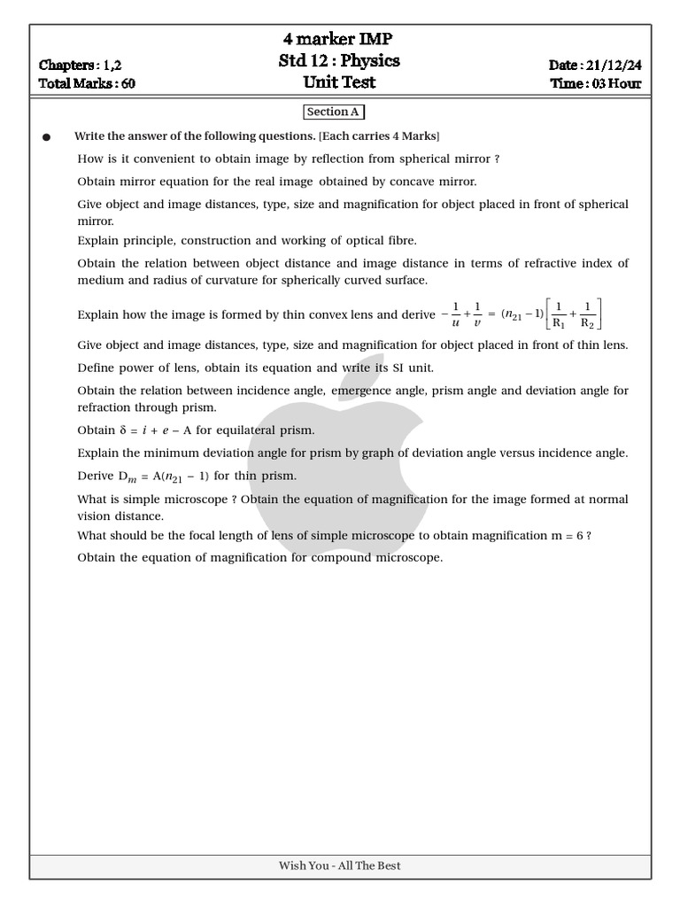 UnitTest D21 Dec 2024 | PDF | Electromagnetic Radiation | Optics UnitTest D21 Dec 2024 | PDF | Electromagnetic Radiation | Optics