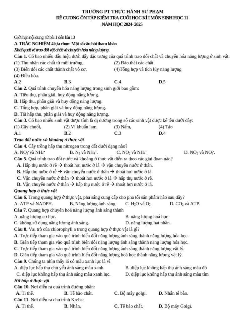 de_cuong_sinh_11_cuoi_hk1_NH_2024_2025 | PDF