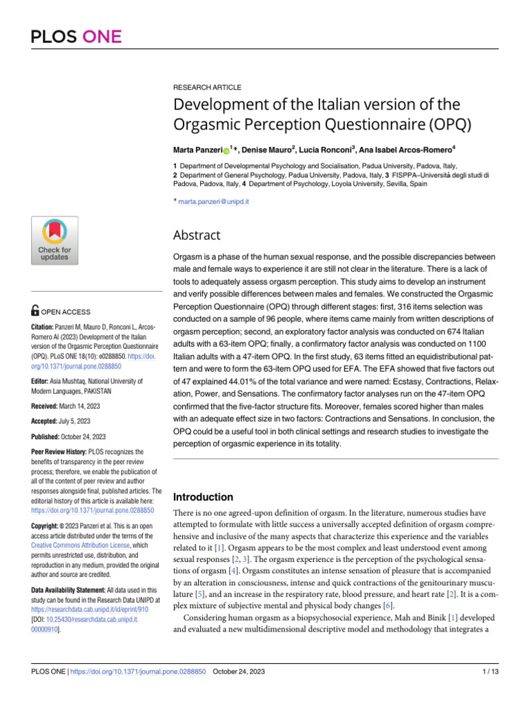 Development of The Italian Version of The Orgasmic Perception Questionnaire (OPQ) | PDF