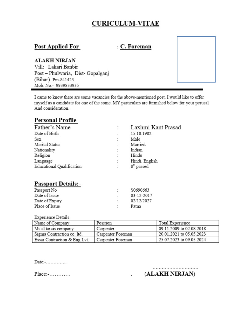 Carpenter Foreman CV of Alakh Nirjan | PDF
