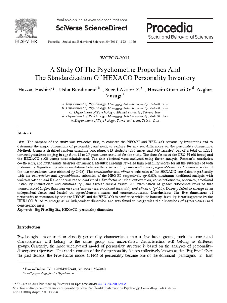 A Study of The Psychometric Properties and The Standardization of Hexaco Personality Inventory ...