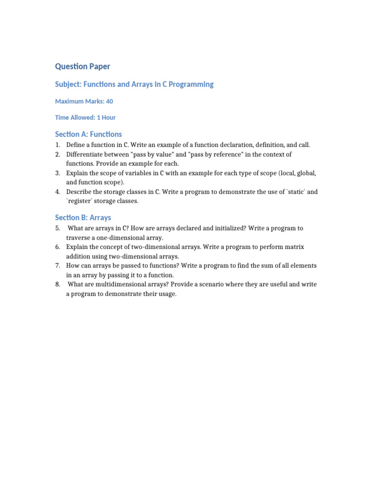 Functions_and_Arrays_Question_Paper | PDF