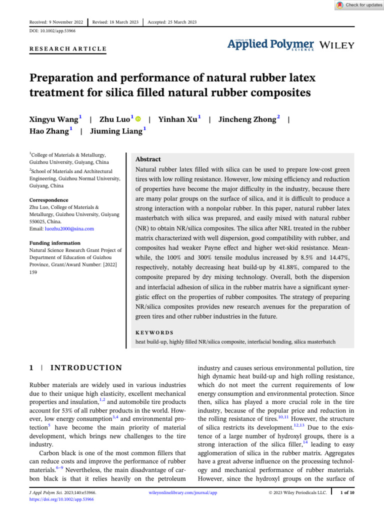 J of Applied Polymer Sci - 2023 - Wang - Preparation and Performance of Natural Rubber Latex ...