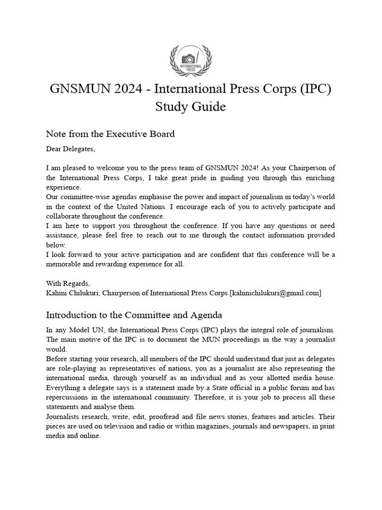 GNSMUN 2024 - International Press Corps (IPC) Study Guide | PDF | News Media | Comma