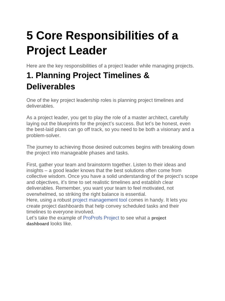 5 Core Responsibilities of a Project Leader | PDF | Leadership ...