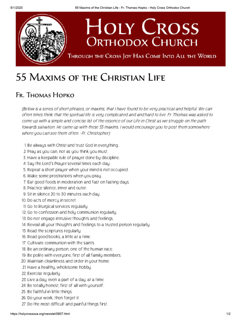 55 Maxims of the Christian Life - Fr. Thomas Hopko - Holy Cross ...