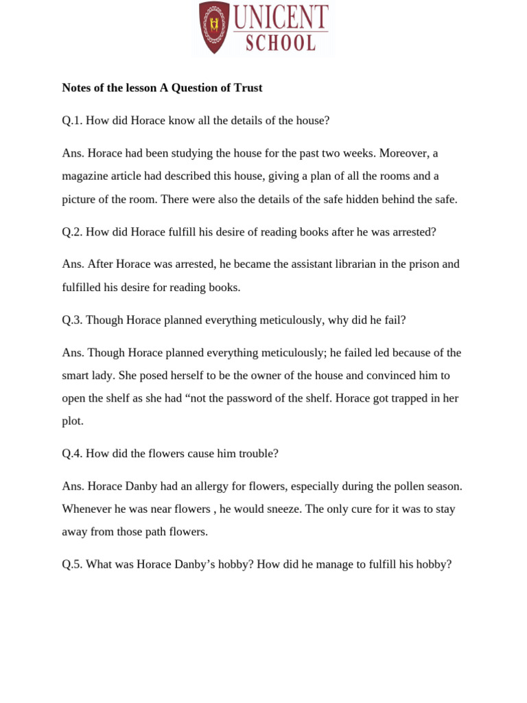 Notes of The Lesson A Question of Trust | PDF