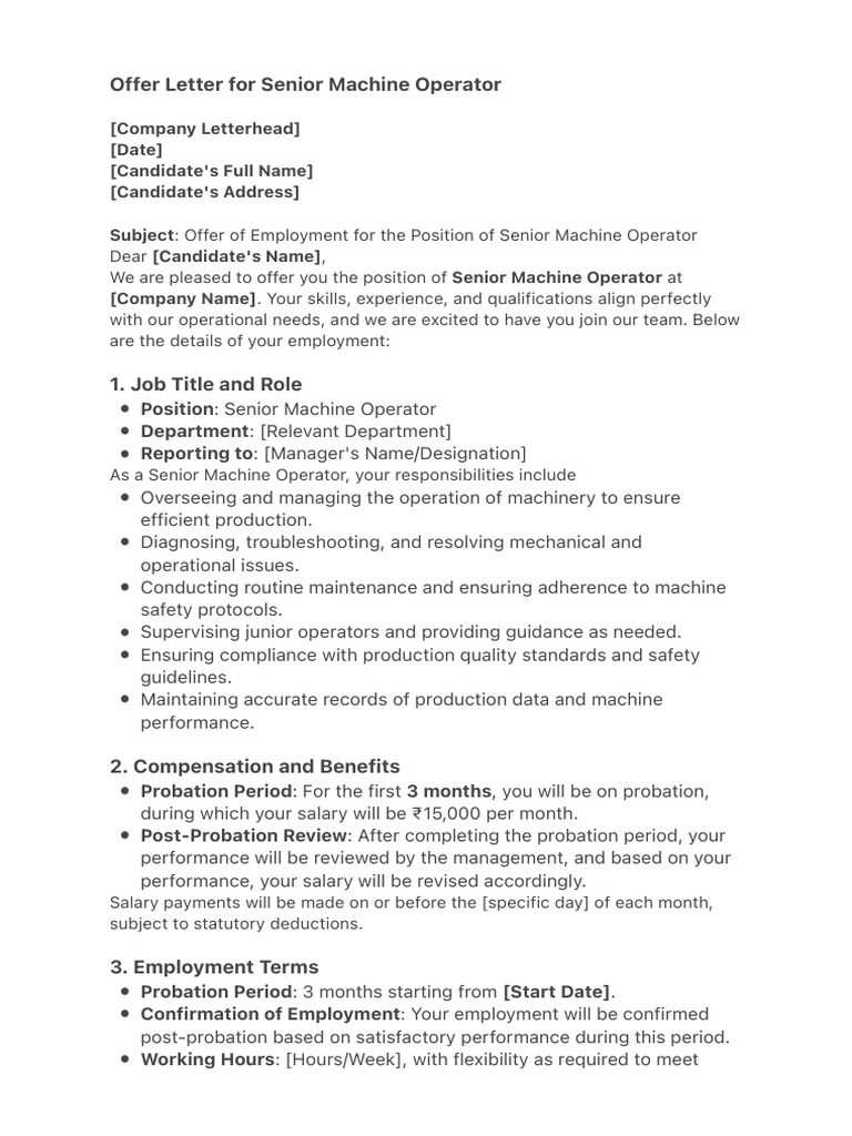 Offer Letter For Senior Machine Operator | PDF | Employment | Business