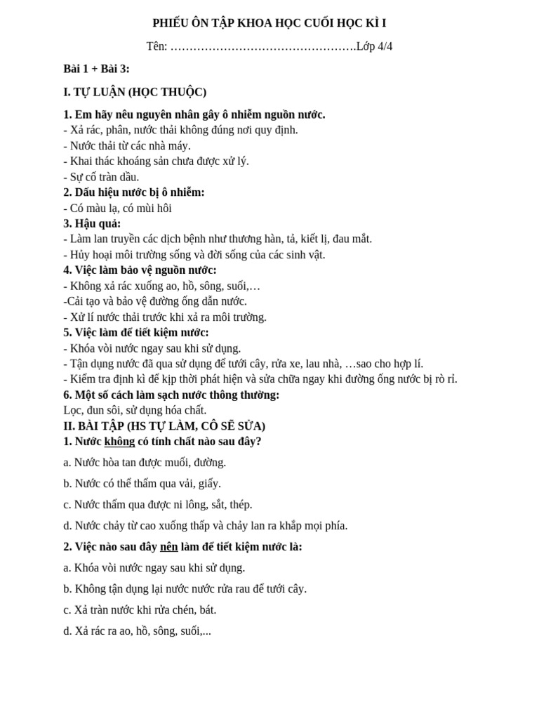 Phiếu Ôn Bài 1+3 Khoa Học | PDF