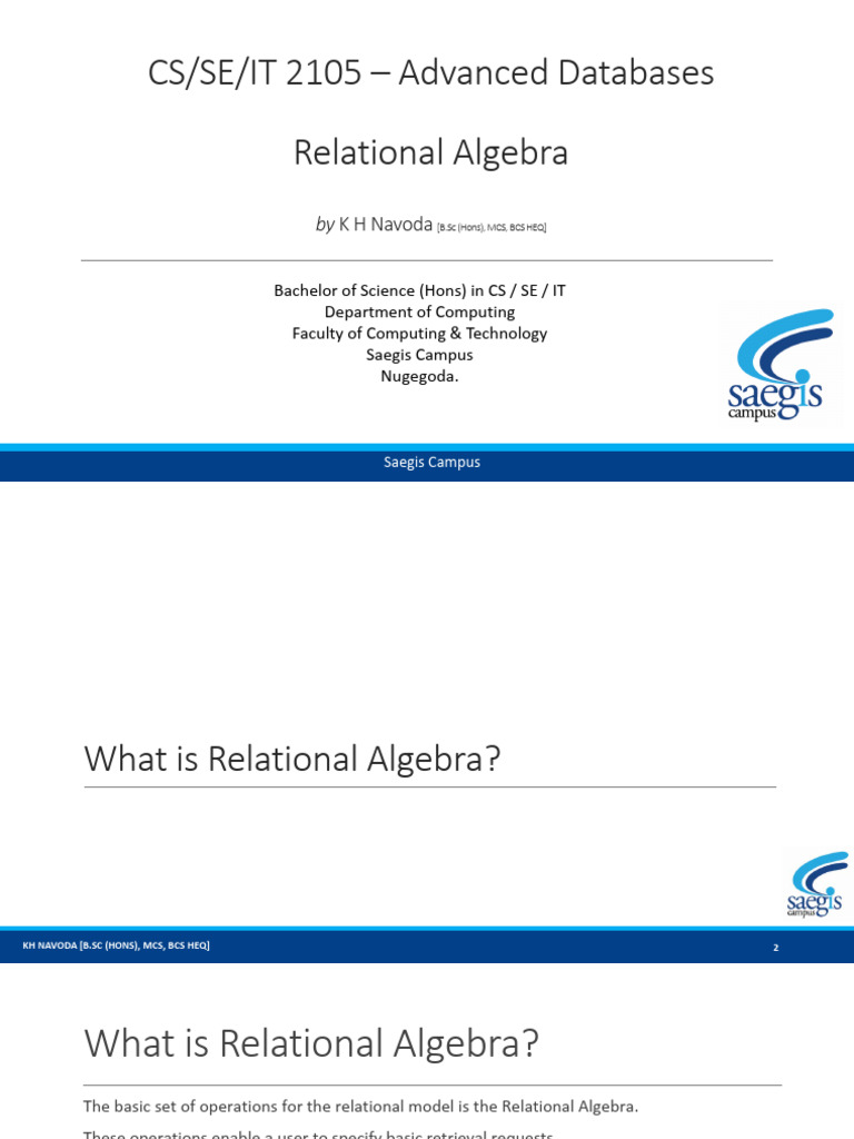 2 Relational Algebra (Student Copy) | PDF | Relational Model | Relational Database