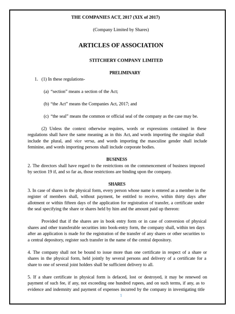 Artical of Association Sample | PDF | Liquidation | Dividend