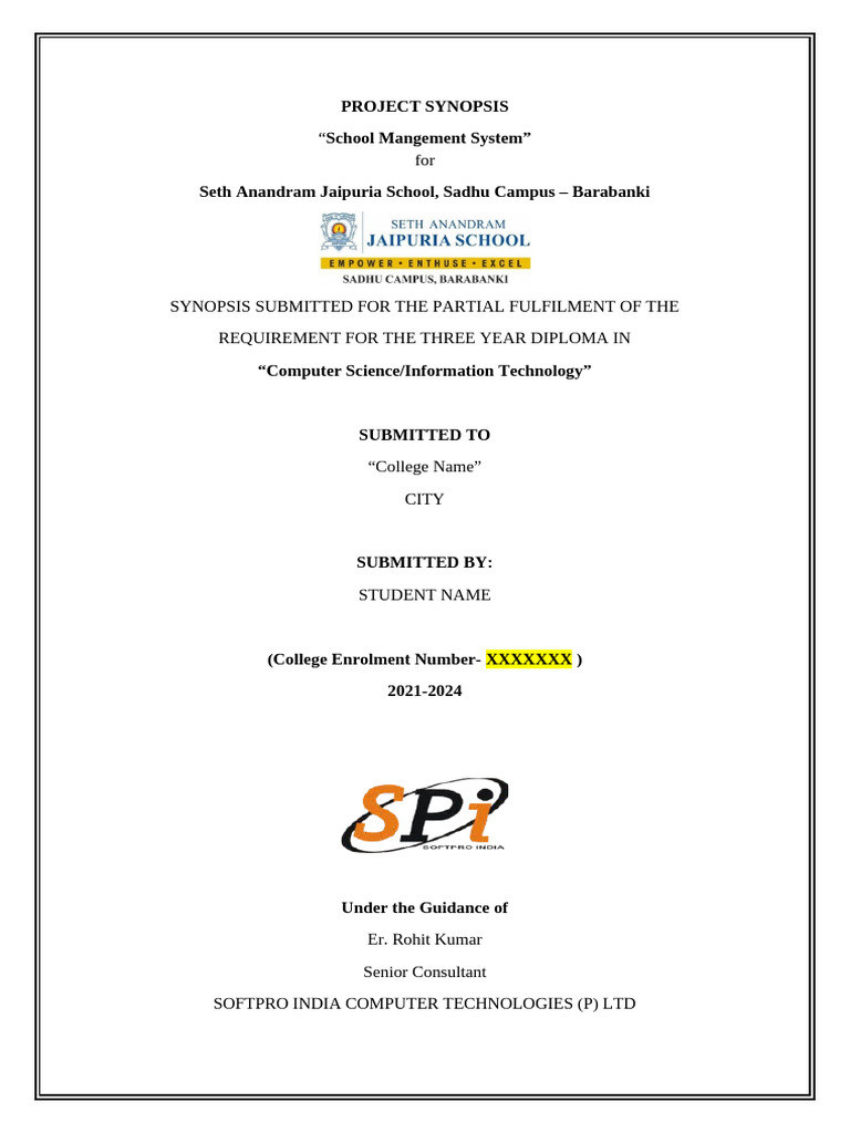 Synopsis (School Management System) | PDF | Html | World Wide Web