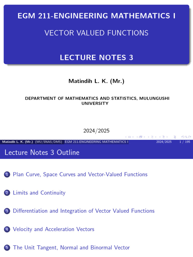 EGM 211 - Vector Valued Functions-PPP | PDF | Function (Mathematics) | Derivative