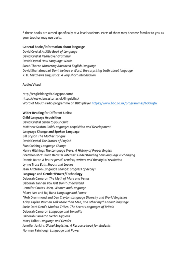 English-Language-A-Level-Reading-List | PDF | English Language ...