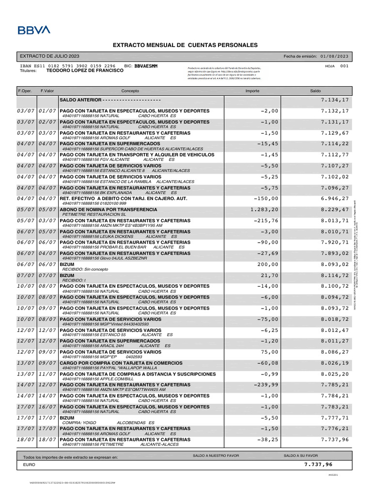 Extracto Mensual de Cuenta Julio 2023 | PDF | Tecnología bancaria | Pagos