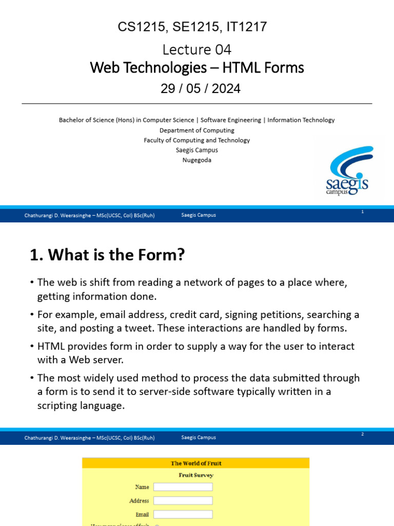 Web Technologies - Lecture 4 HTML FORMS | PDF | World Wide Web | Internet & Web