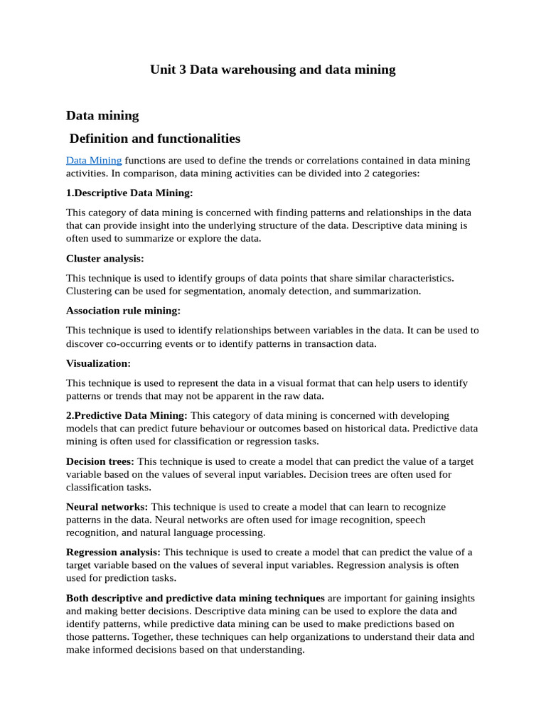 Unit 3 Data Warehousing and Data Mining | PDF | Information Science ...