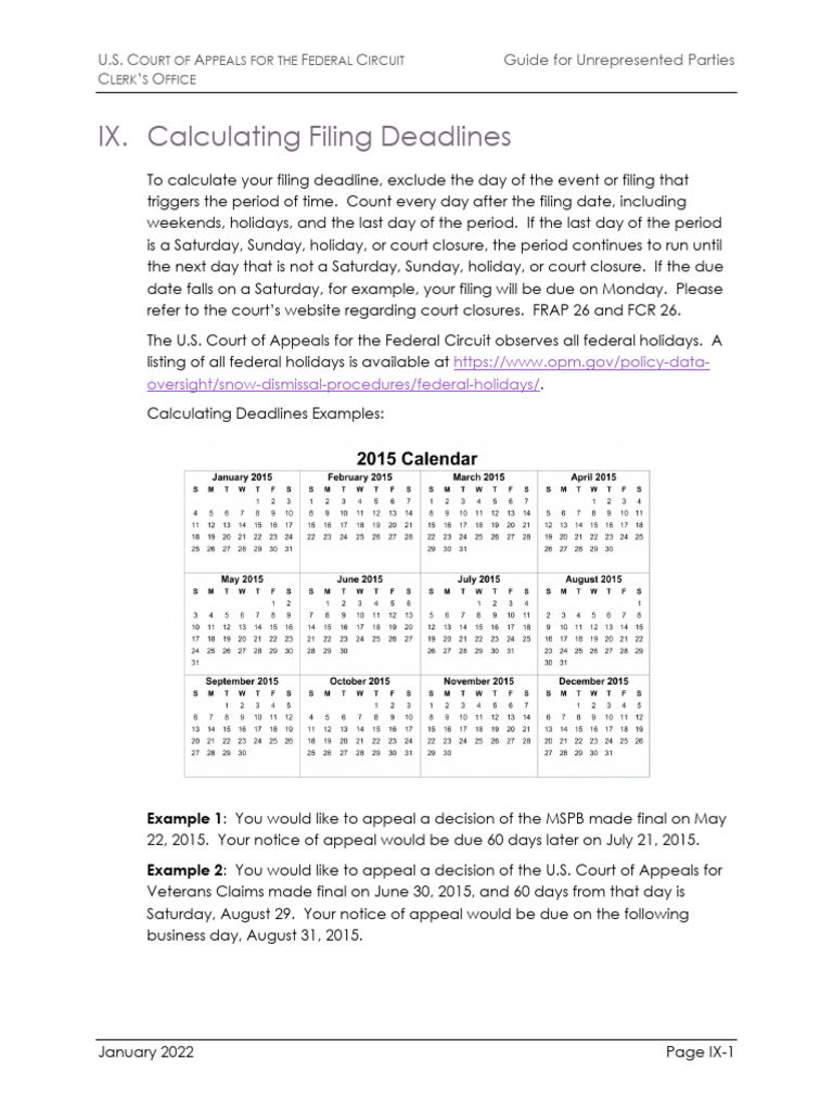 IX. Calculating Filing Deadlines: U.S. C A F C Guide For Unrepresented ...