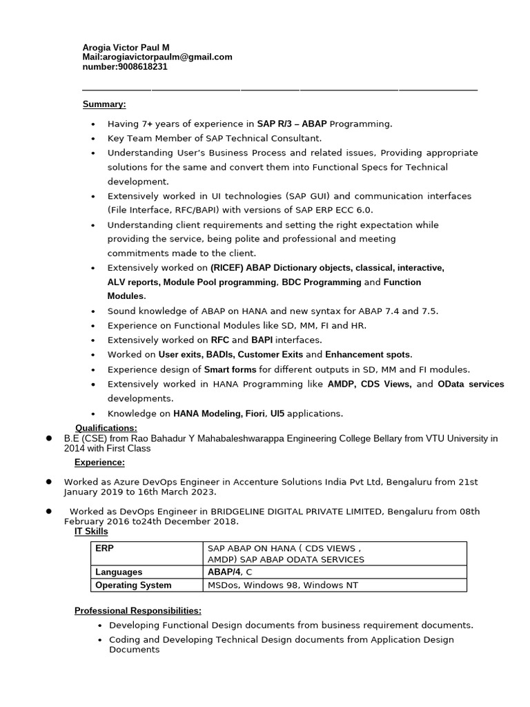 Arogia 7+ Abap Resume UPDTED | PDF | Software | Software Engineering