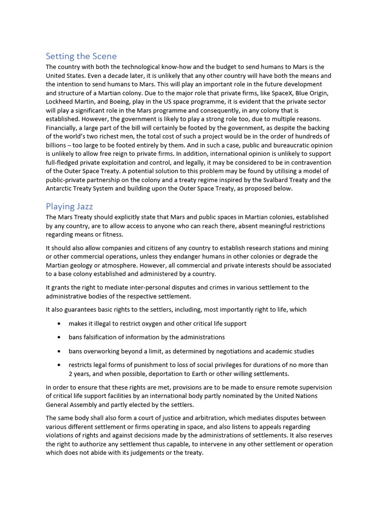 Framework for Mars Treaty Development | PDF | Mars