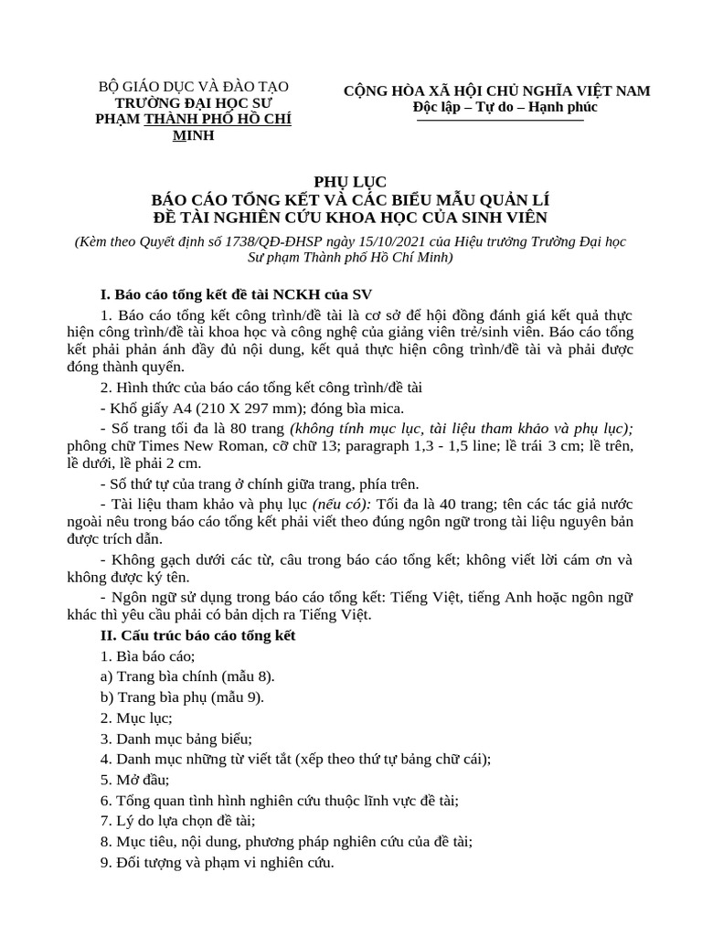 Quy Dinh Hoat Dong NCKH SV - Phu Luc - Cac Bieu Mau N | PDF